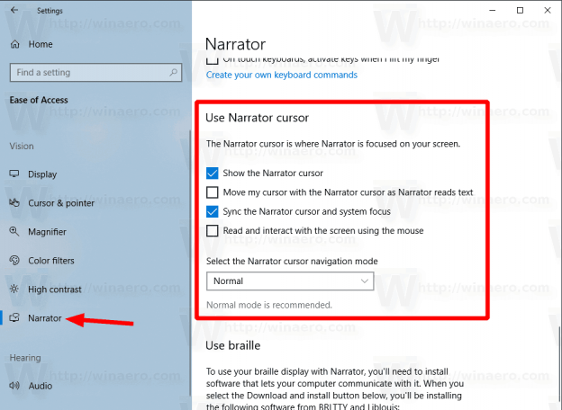 Customize Narrator Cursor Settings in Windows 10