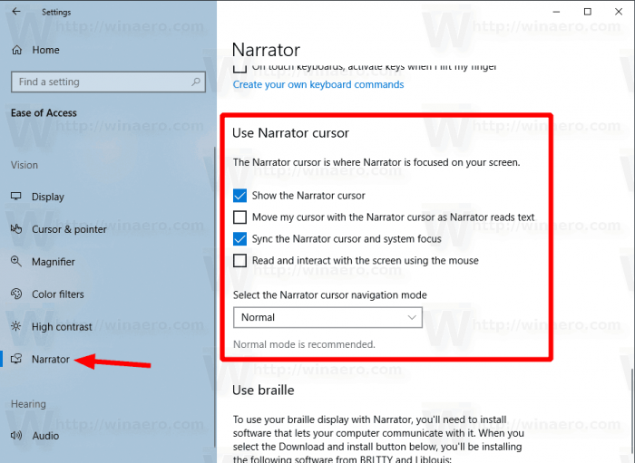 Customize Narrator Cursor Settings in Windows 10