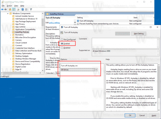 Disable AutoPlay for All Drives in Windows 10