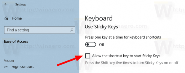 Turn On or Off Sticky Keys in Windows 10