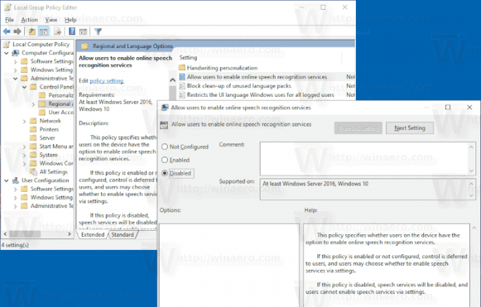 Disable Online Speech Recognition with Group Policy in Windows 10