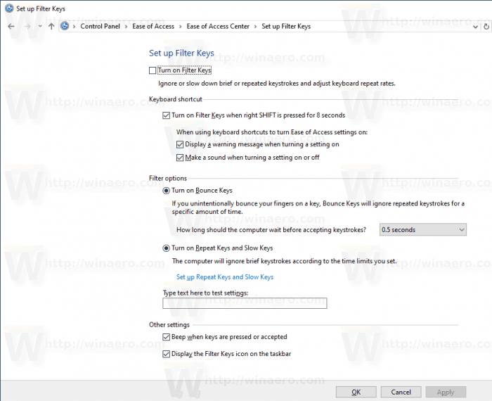 Enable or Disable Filter Keys in Windows 10