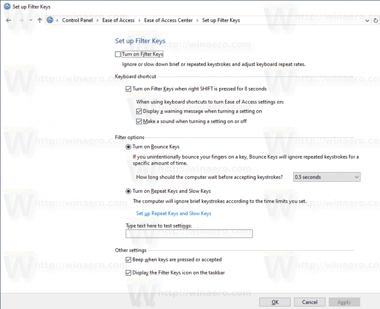Enable or Disable Filter Keys in Windows 10