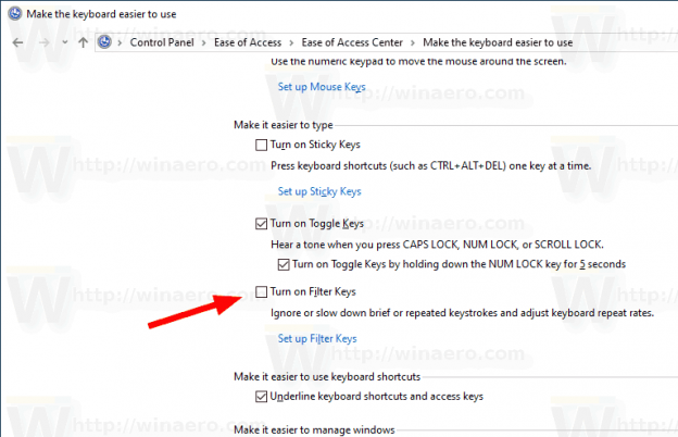 Enable or Disable Filter Keys in Windows 10