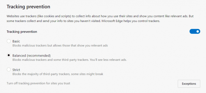 Microsoft Edge Chromium Gets Tracking Prevention Settings