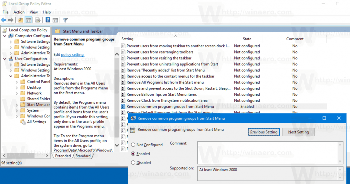 Hide Common Program Groups From Start Menu In Windows 10