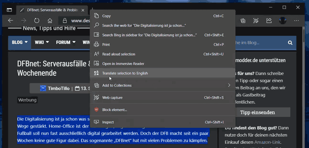 Edge Now Allows Translating A Selected Text On A Page