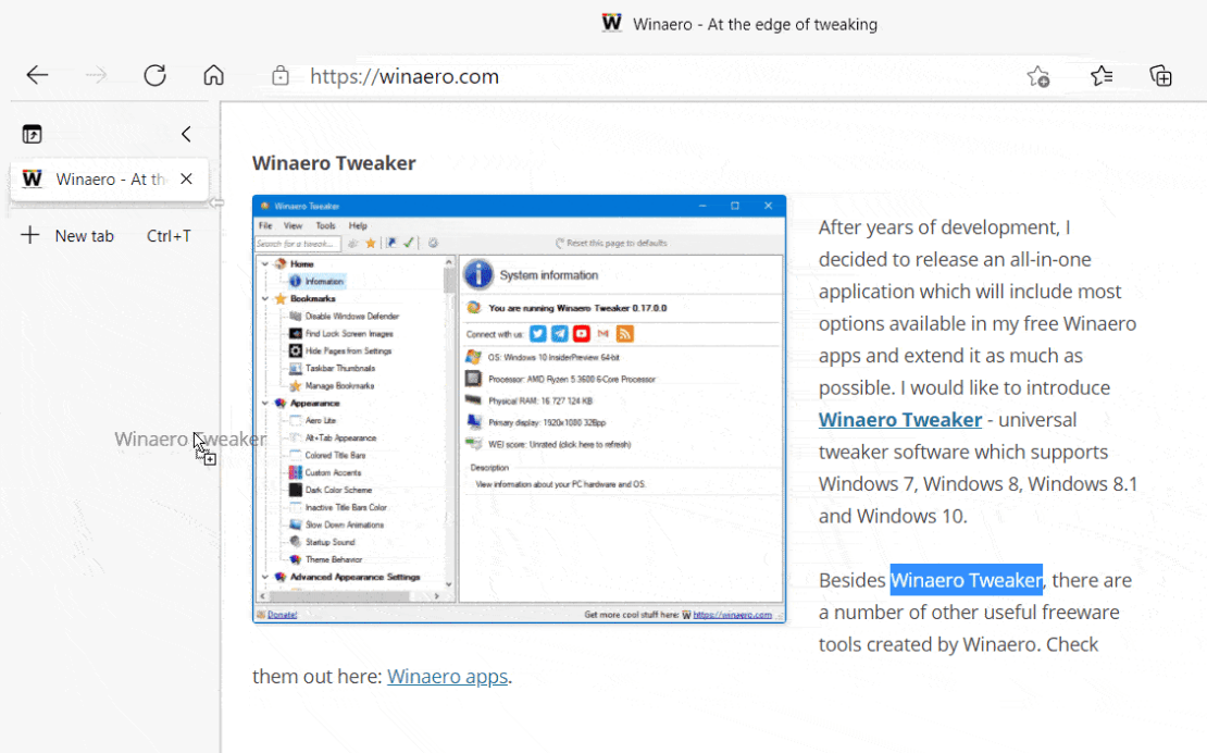 You can now drag-n-drop text to Edge vertical tabs for searching
