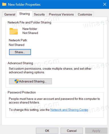 Remove Sharing tab from Folder Properties in Windows 10